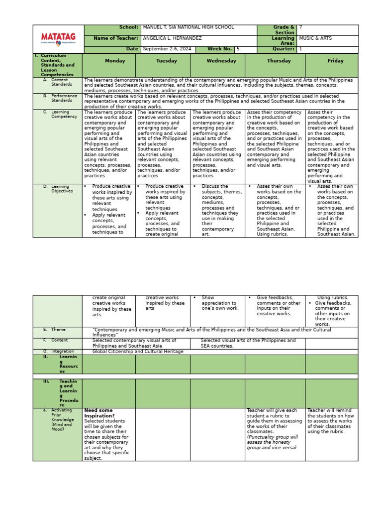 Grade 7 Week 5 Music and Arts | PDF