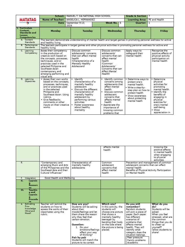 Grade 7 Week 6 PE and Health | PDF