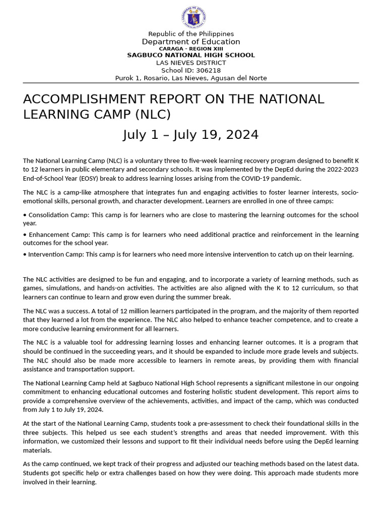 Accomplishment Report On The National Learning Camp | PDF