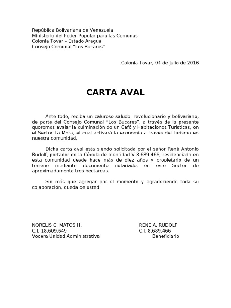 Carta Aval del Consejo Comunal | PDF