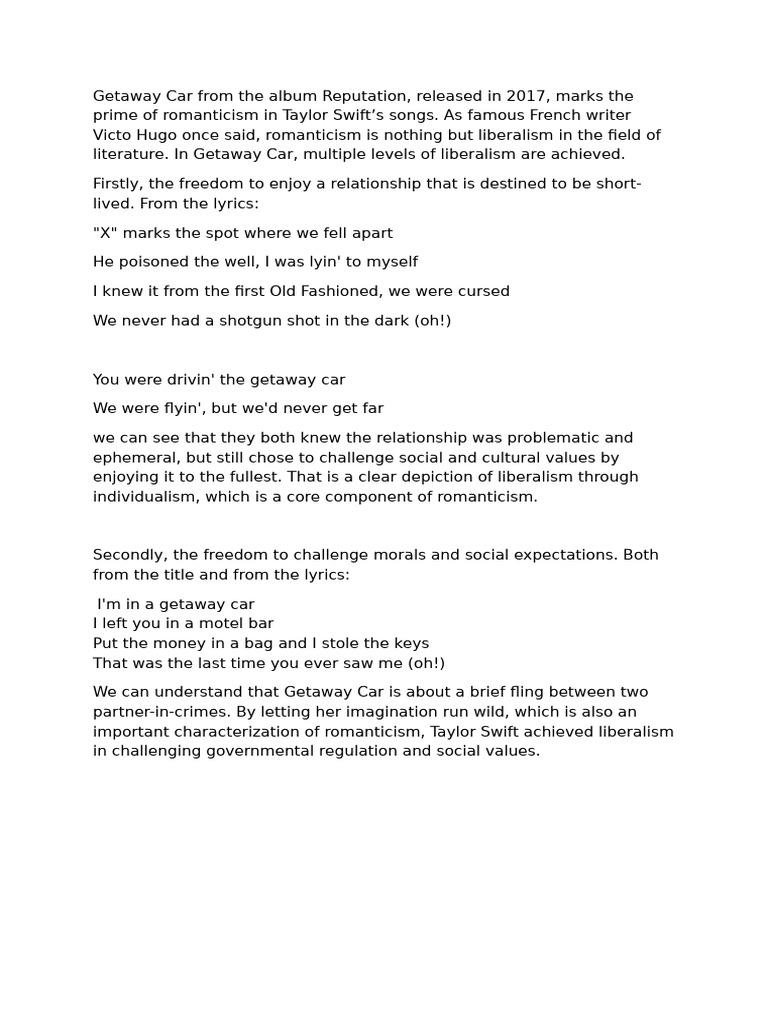 Taylor Swift's "Getaway Car" Romanticism Analysis | PDF