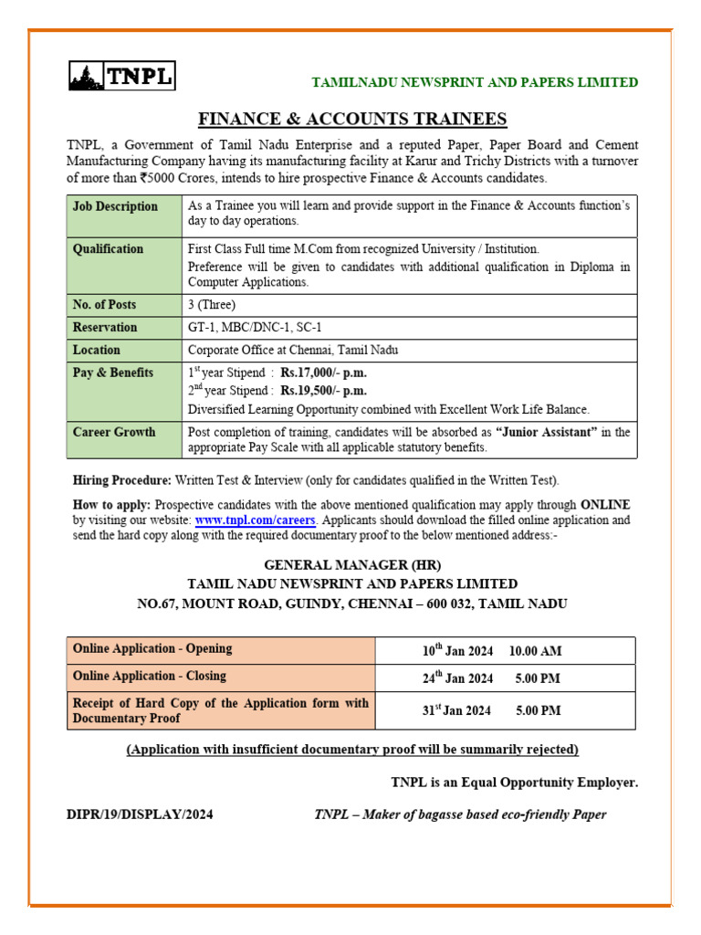 TNPL Finance-Trainees 10012024 | PDF