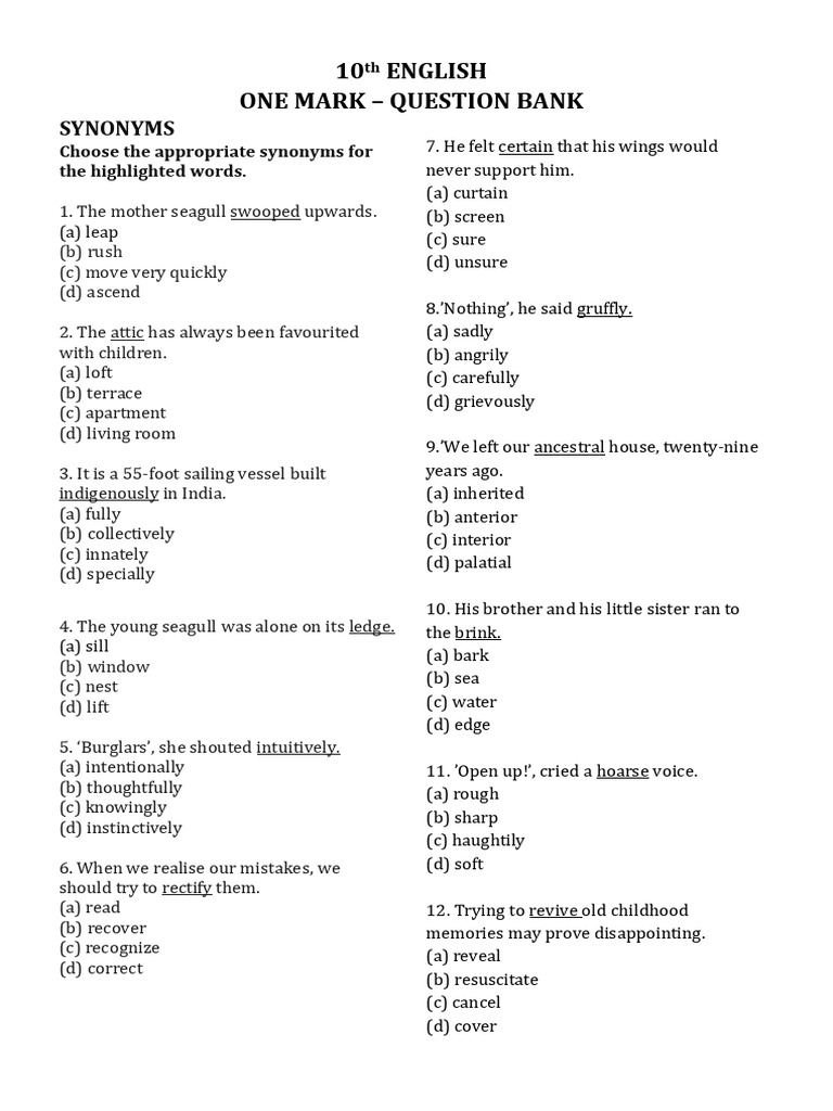 10th ONE MARKS (Questions Only) | PDF