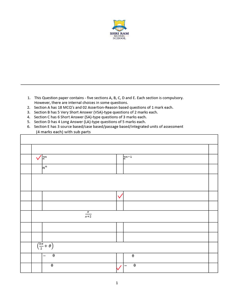 G11 - Mathematics - QP - Set 2 - Final - 2023 | PDF