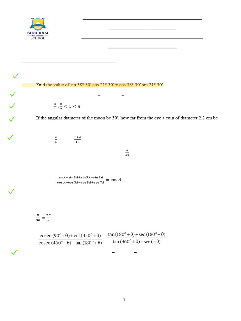 G11 SRGS Worksheet Trigo | PDF