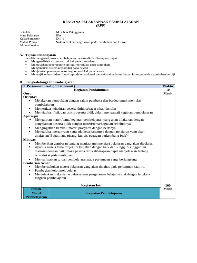 RPP Sistem Perkembangbiakan Tumbuhan Dan Hewan | PDF