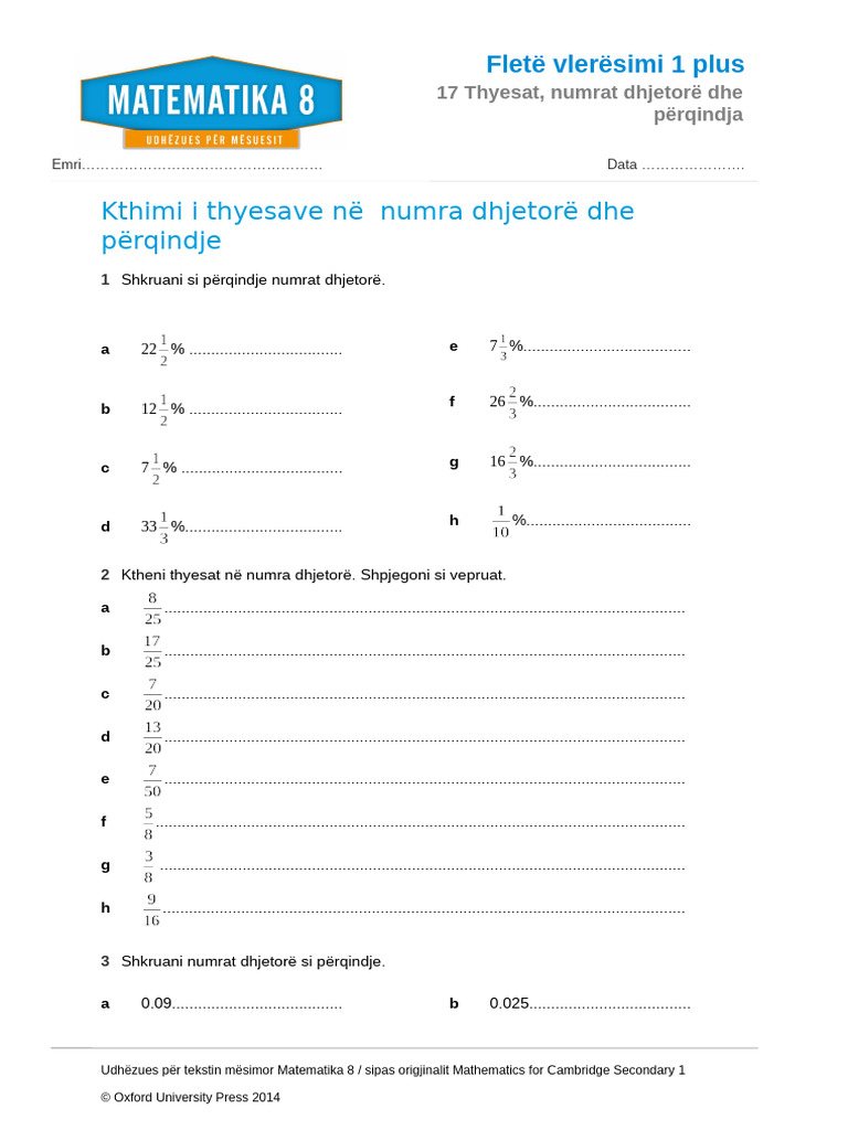1705 - Flete Vleresimi 1 Plus - Thyesat, Numrat Dhjetore Dhe Perqindjet ...