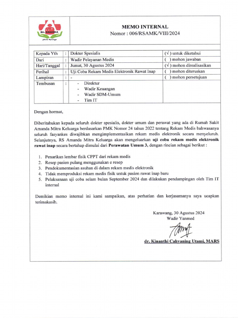 006. Memo Internal RME Ranap | PDF