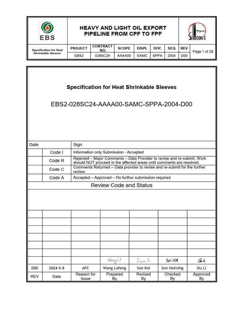 EBS2-028SC24-AAAA00-SAMC-SPPA-2004-D00 Specification For Heat Shrinkable Sleeves | PDF | Materials