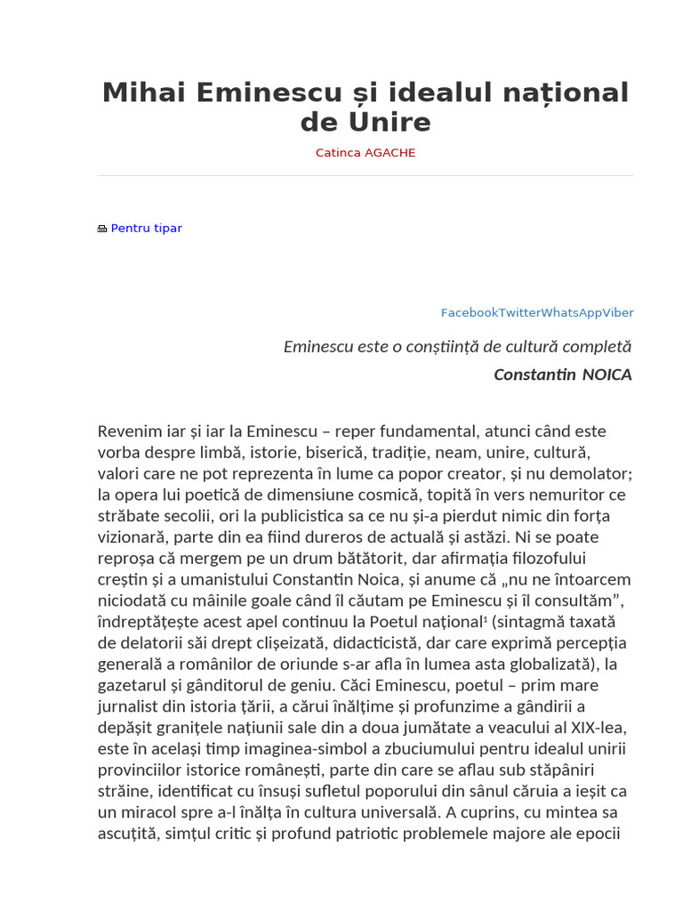 CONCURS! 2 Mihai Eminescu și idealul național de Unire | PDF