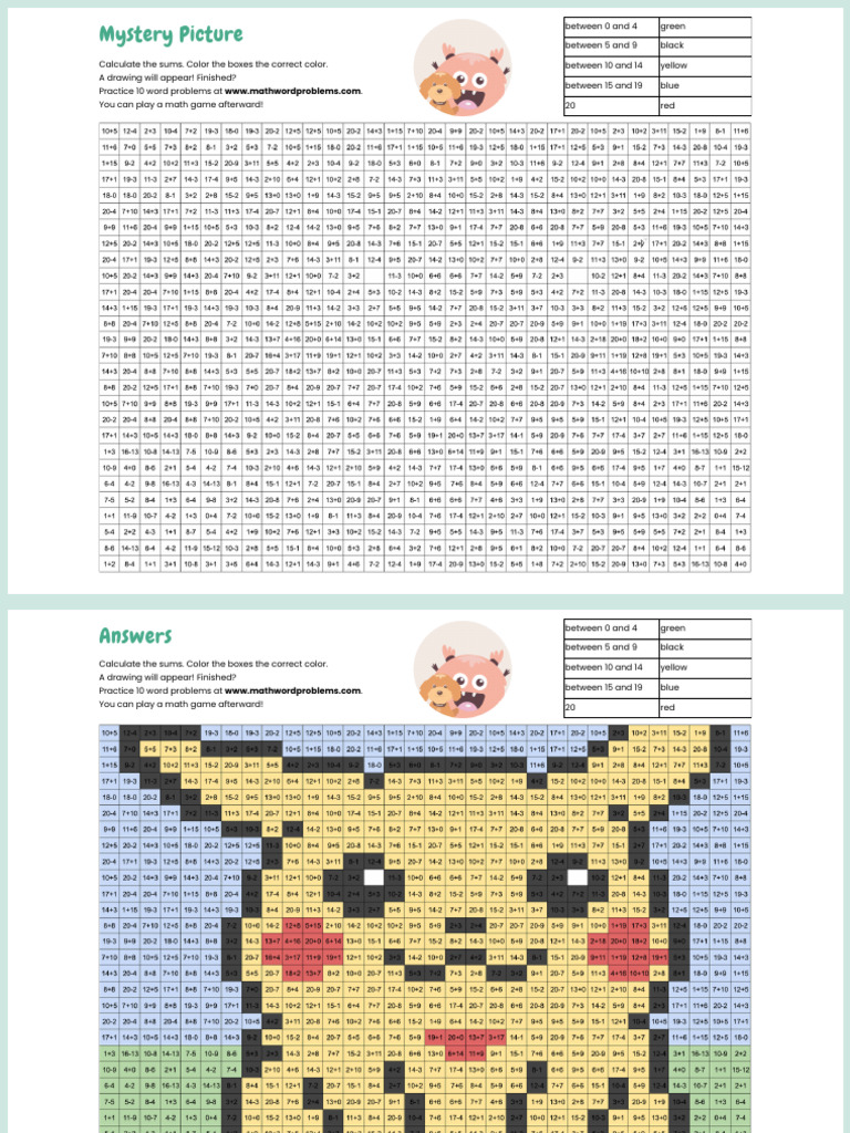 Math Worksheet - Addition and Subtraction to 20 - Mystery Picture | PDF