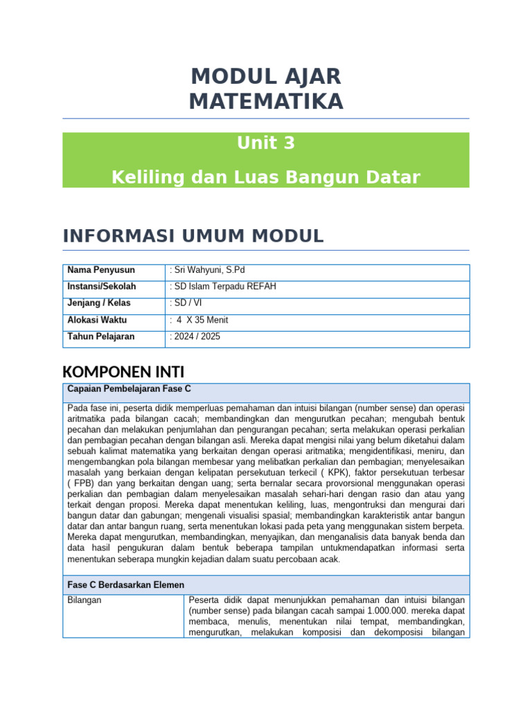 MODUL AJAR matematika kelas 6 Unit 3 | PDF