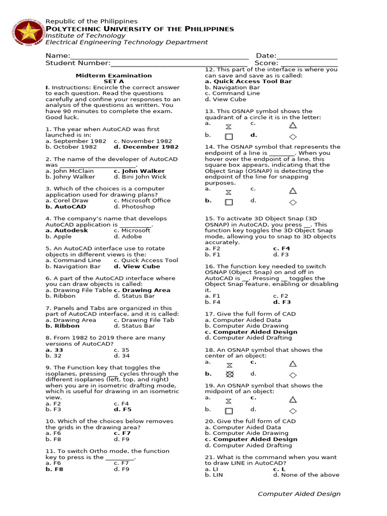 CAD - Midterm - SET B Answer Key | PDF