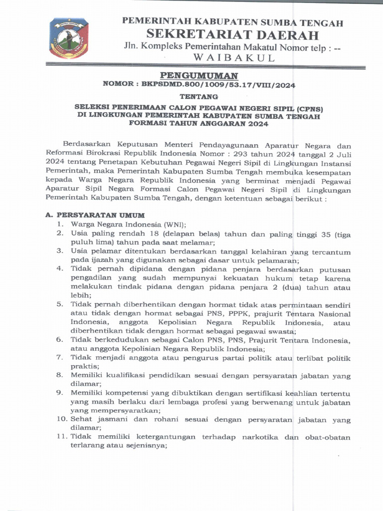 Pengumuman Seleksi Cpns Cap1 - 0001 | PDF