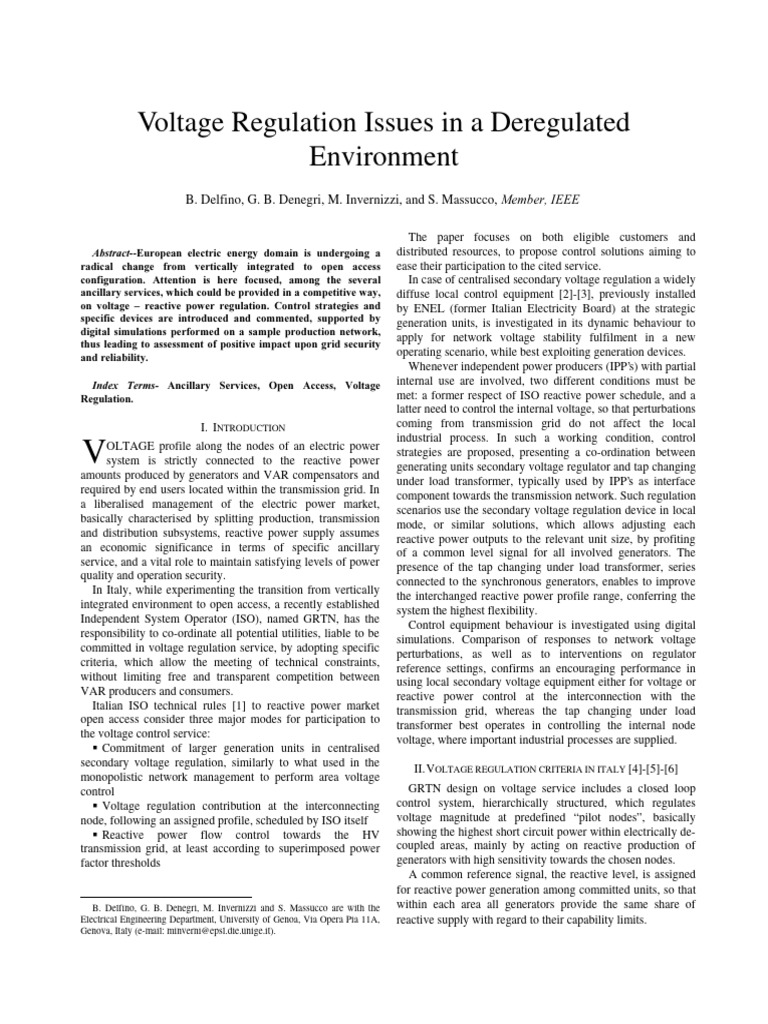 Voltage Regulation Issues in A Deregulated Environment | PDF