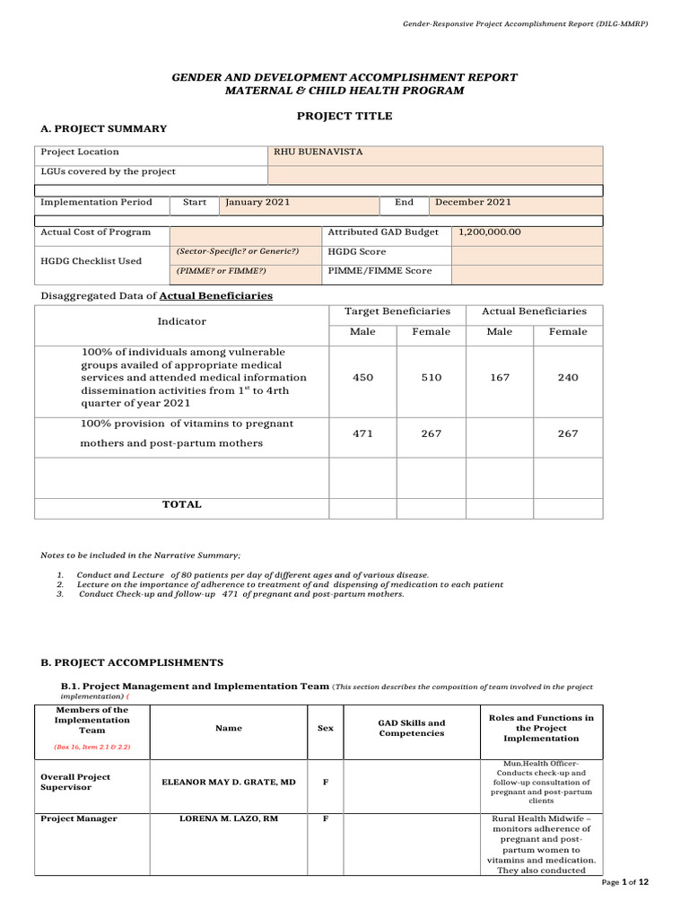 MMRP Gender Responsive Project Accomplishment Report Template | PDF
