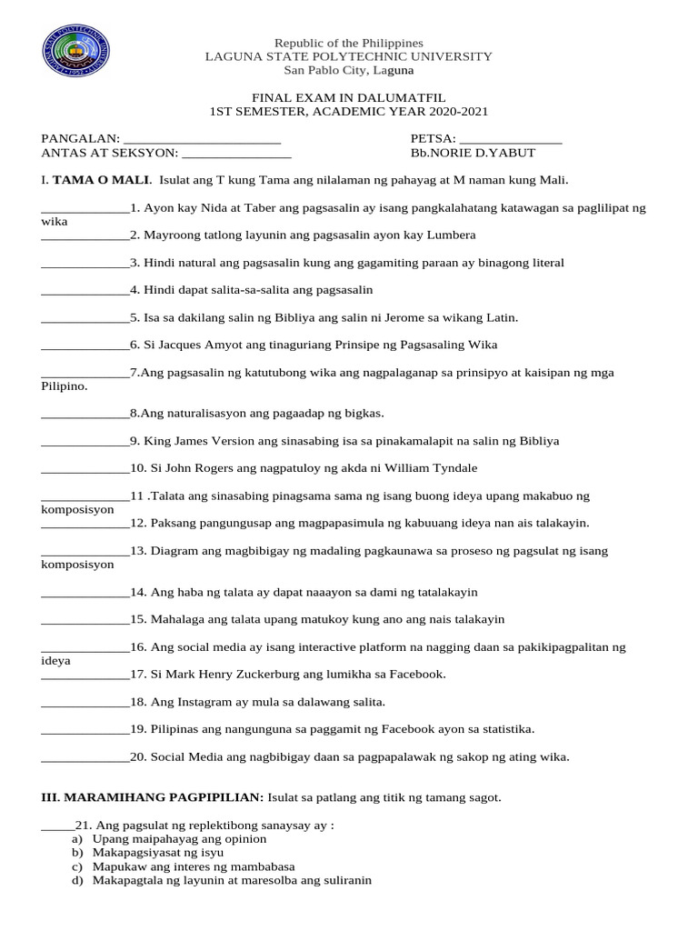 DALUMAT FINAL EXAM | PDF