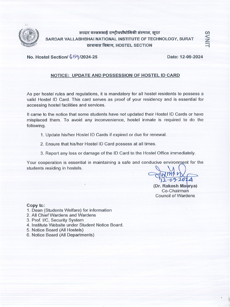 Notice Update and Possession of Hostel Id Card | PDF