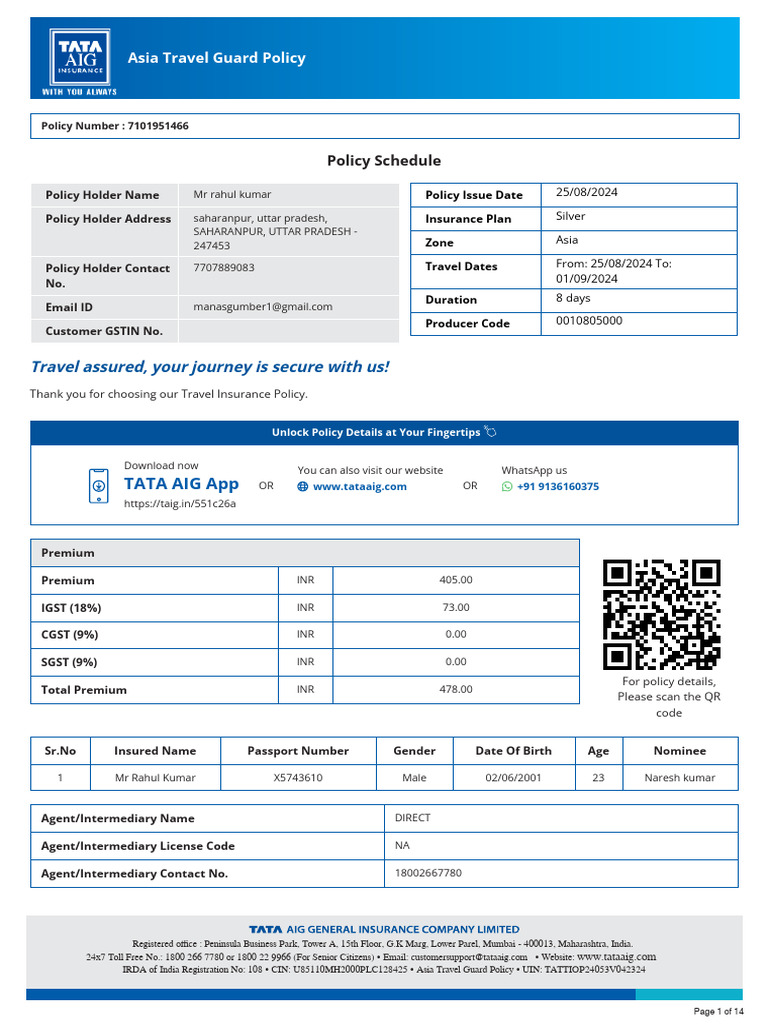 Asia Travel Guard Policy: Tata Aig App | PDF