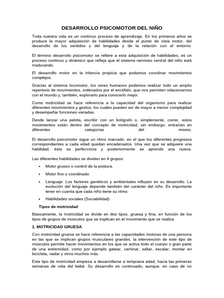 08 Desarrollo Psicomotor Del Niño | PDF | Ciencia cognitiva | Relaciones personales, crianza y ...