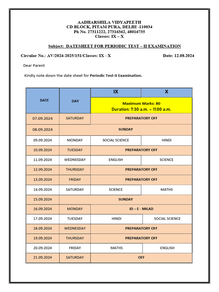 151-Datesheet of Periodic Test - II Examination - IX - X | PDF