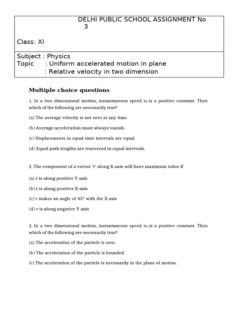 Assignment 3 Class XI Motion in A Plane | PDF