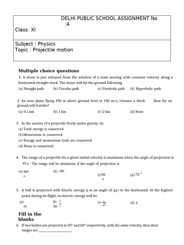Assignment 4 Class XI Motion in A Plane Projectile Motion | PDF