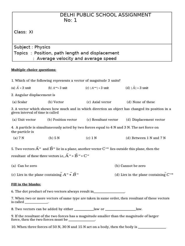 Assignment 1 Class XI Motion in A Plane | PDF