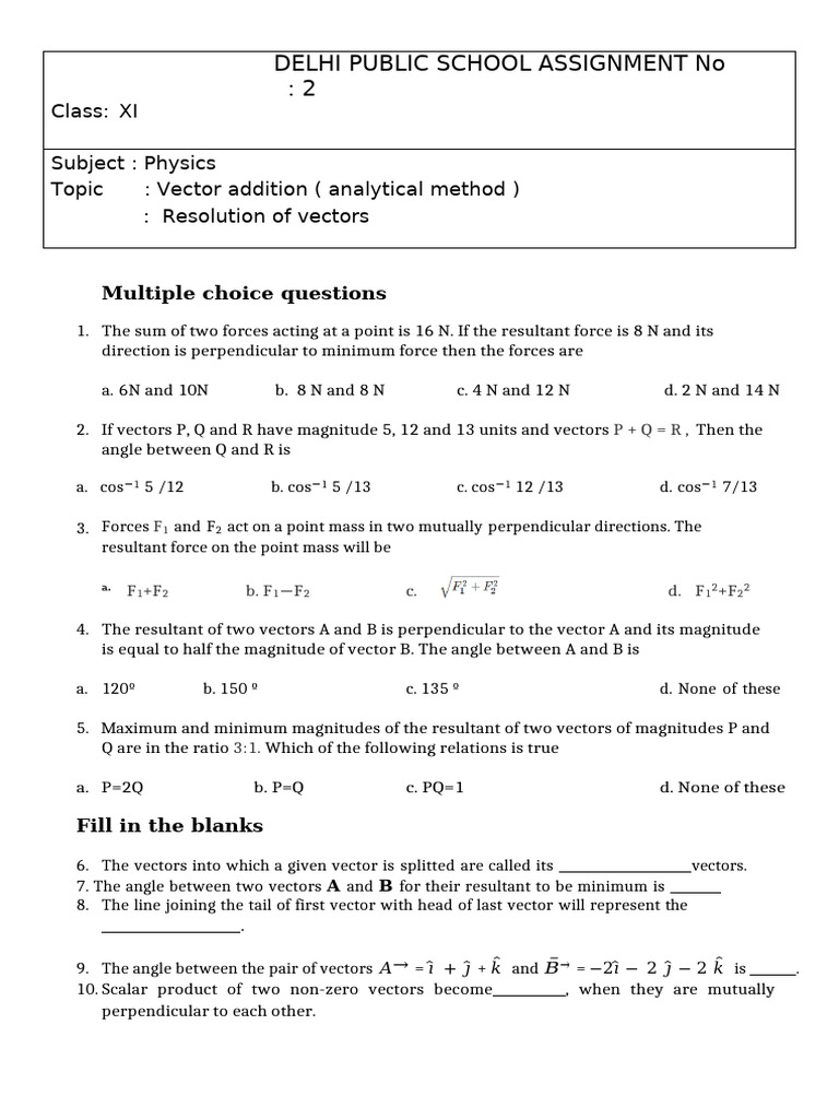 Assignment 2 Class XI Vector Resolution Motion in A Plane | PDF