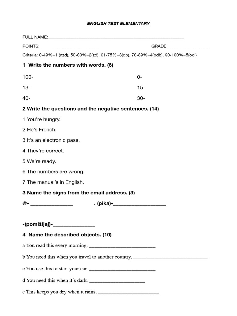 Elementary English Test Overview | PDF