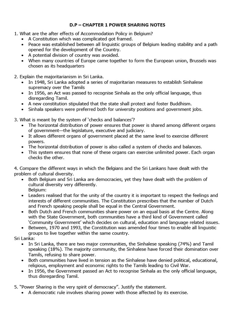 Class 10 Civics Power Sharing Notes | PDF