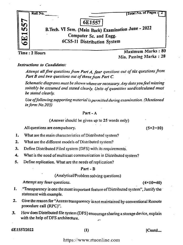 Btech Cs 6 Sem Distribution System 6e1557 Jun 2022 | PDF