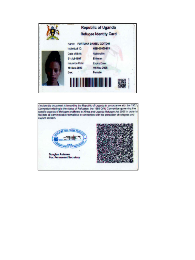 Furtuna Daniel Refugee ID Card | PDF