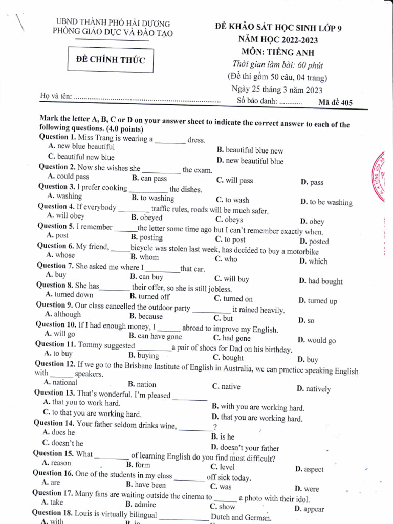 ĐỀ T.ANH-405 | PDF