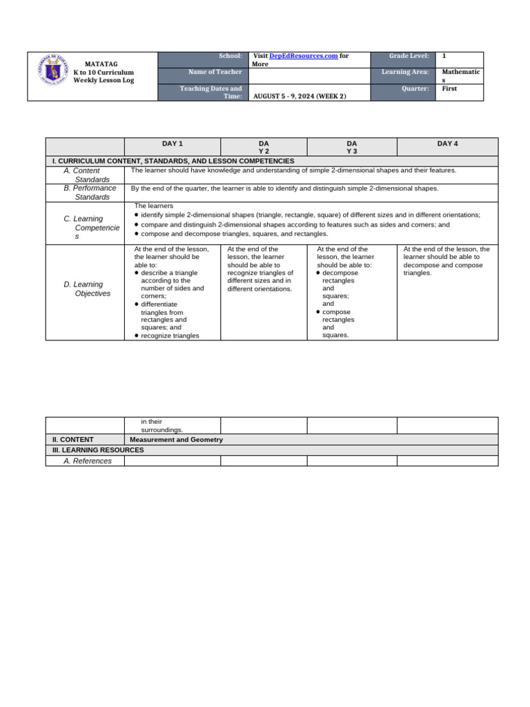 DLL Matatag - Mathematics 1 - Q1 - W2 | PDF