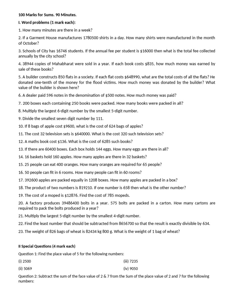 Class 4 Advanced Math Test | PDF | Arithmetic | Mathematics