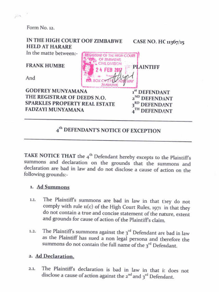 4th Defendants Notice of Exception 24.02.17 Hch11367.15 | PDF