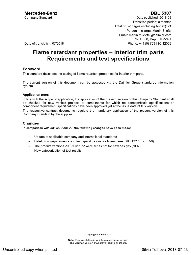 Specification DBL - 5307 - en - 2018-05 - Flammability | PDF