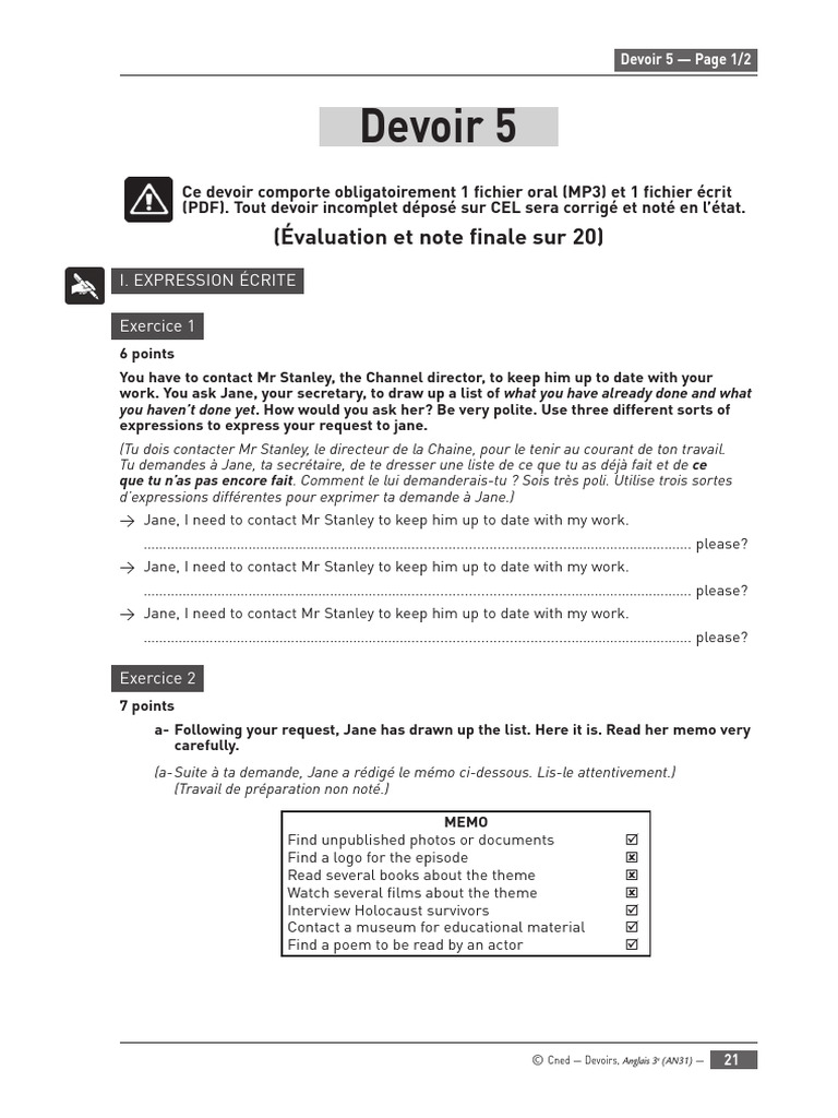Devoir 5: (Évaluation Et Note Finale Sur 20) | PDF