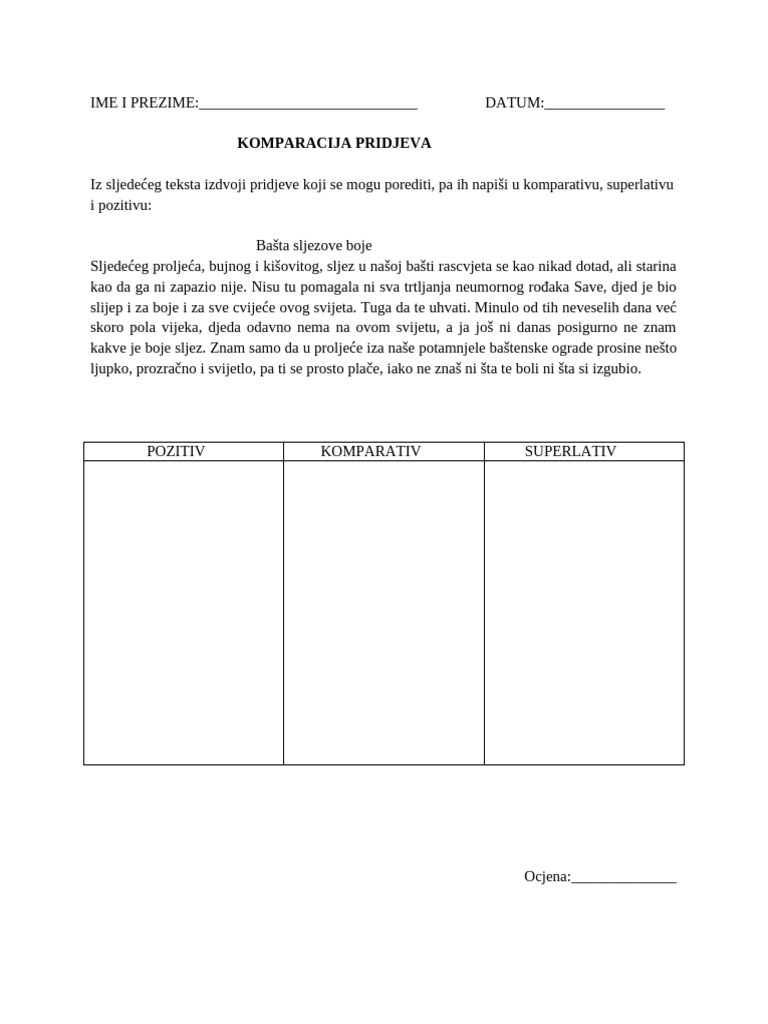 75 Komparacija Pridjeva Nastavni Listic | PDF