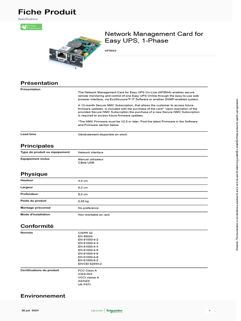 Schneider Electric - Cartes-De-Gestion-Donduleur-Par-Réseau - AP9544 | PDF
