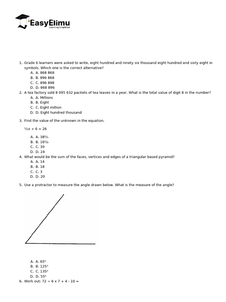 Mathematics - CBC Grade 6 KPSEA Mid Term 3 Exams 2024 Set 1-2339 | PDF