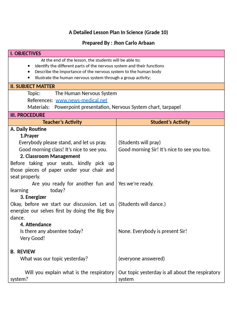 A Detailed Lesson Plan in Science Arbaan | PDF | Central Nervous System ...