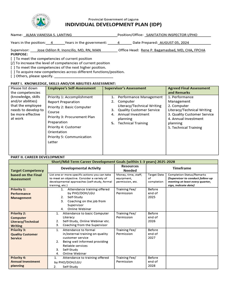 Individual Development Plan 2024 Alma Vanessa Lantinh | PDF