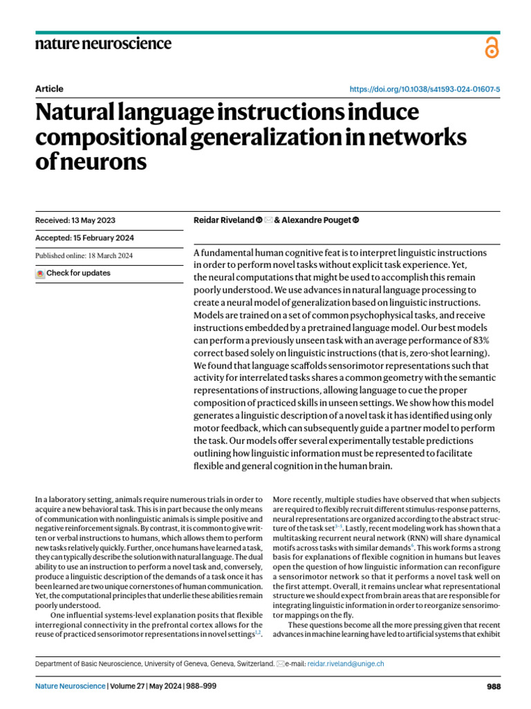 Natural Language Instructions Induce Compositional Generalization in Networks of Neurons | PDF ...