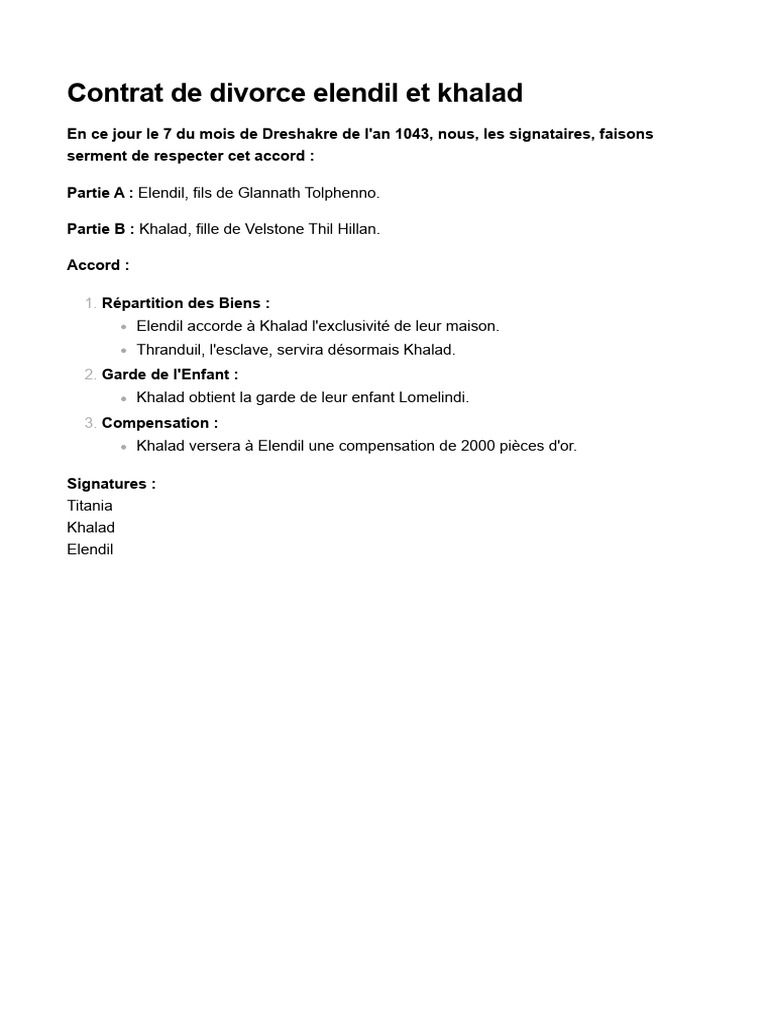 Contrat de Divorce Elendil Et Khalad | PDF