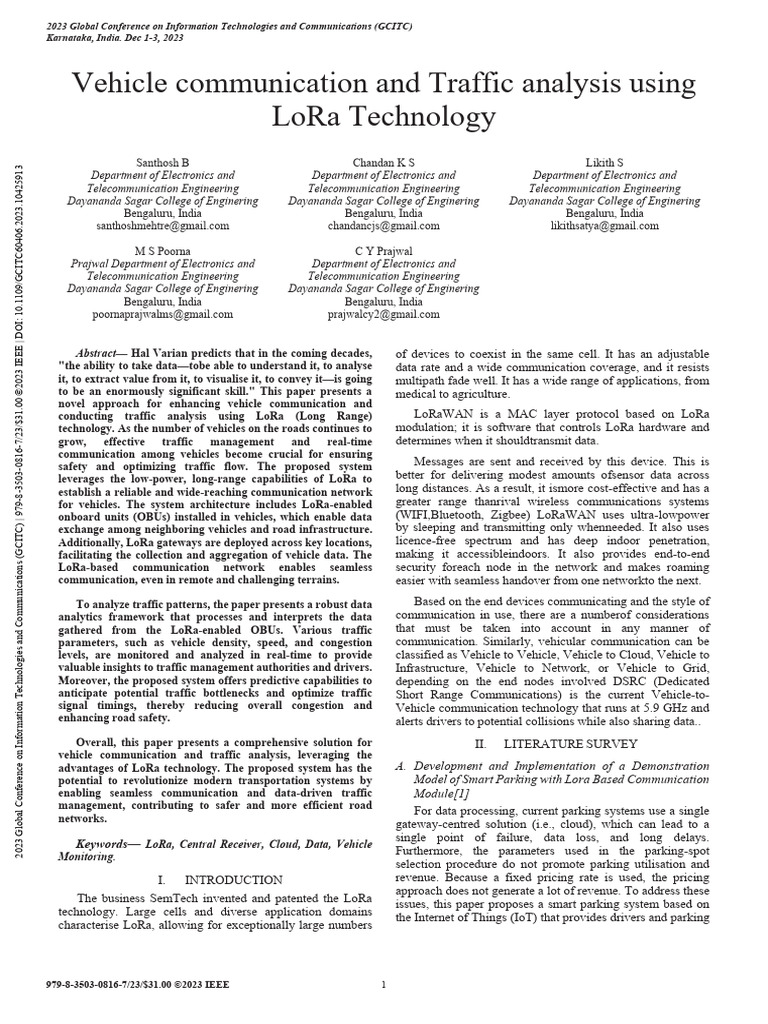 Vehicle Communication and Traffic Analysis Using LoRa Technology | PDF