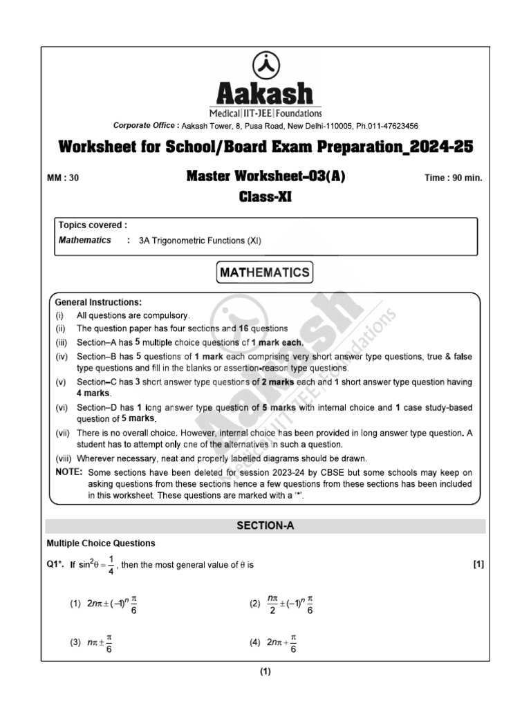 Master WS-03 (A) - Mathematics - XIth - Trigonometric Functions (XI) | PDF