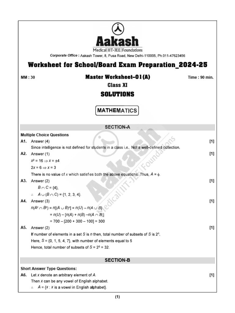Master WS-01 (A) - Mathematics - XIth - Set Theory Worksheet 1 - SOL | PDF