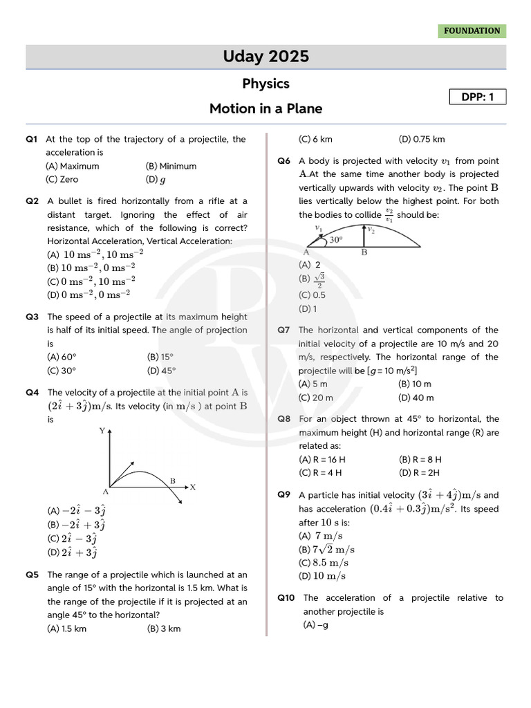 Motion in A Plane - DPP 01 (Of Lecture 03) - Uday 2025 | PDF